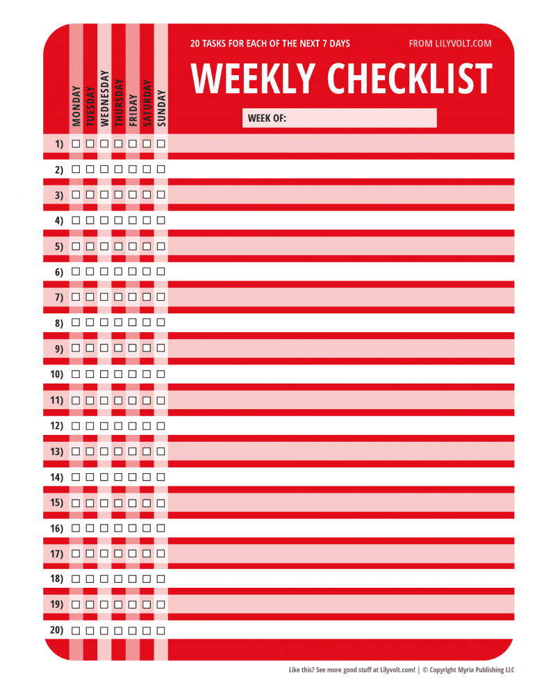 Free printable 7-day, 20-task checklists to help you plan your weeks ...